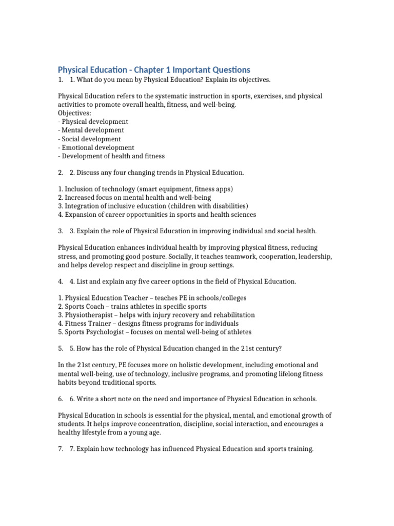 Class 11 Physical Education: Key Questions | PDF | Physical Education ...