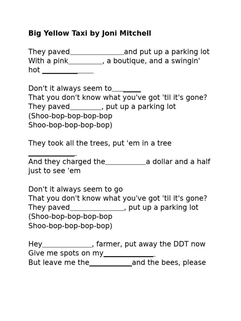 Big Yellow Taxi by Joni Mitchell Song | PDF