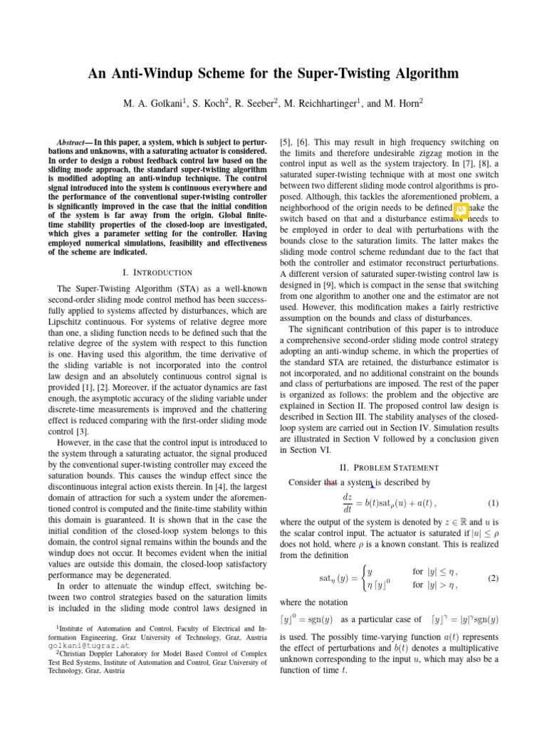 An Anti-Windup Scheme For The Super-Twisting Algorithm | PDF | Control Theory | Mathematical Physics