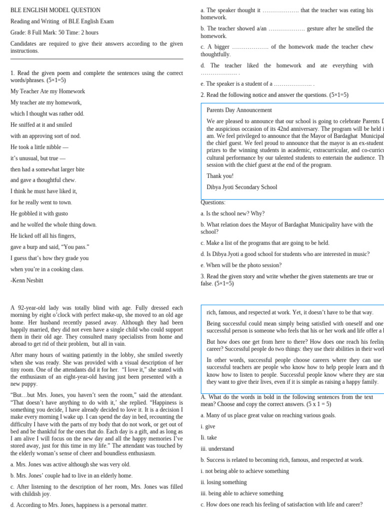 Ble English Model Question Class 8 | PDF