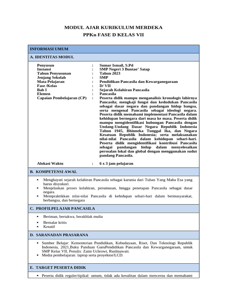 Modul Ajar PPKN Kelas 7 Bab 1 | PDF