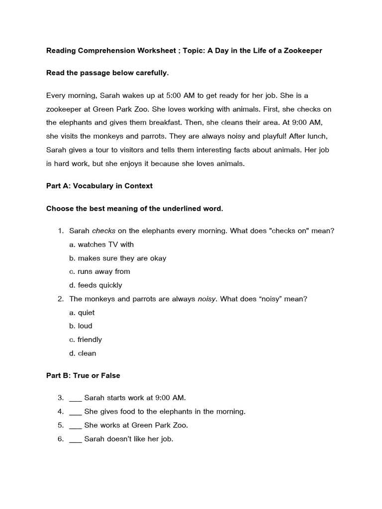 Reading Comprehension Worksheet | PDF