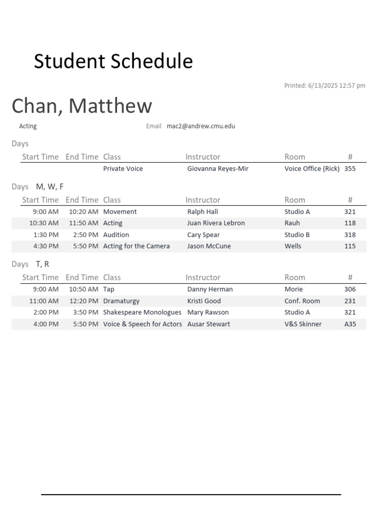 Matthew Chan's Acting Class Schedule | PDF