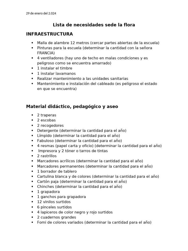 Lista de Necesidades Sede La Flora1 | PDF