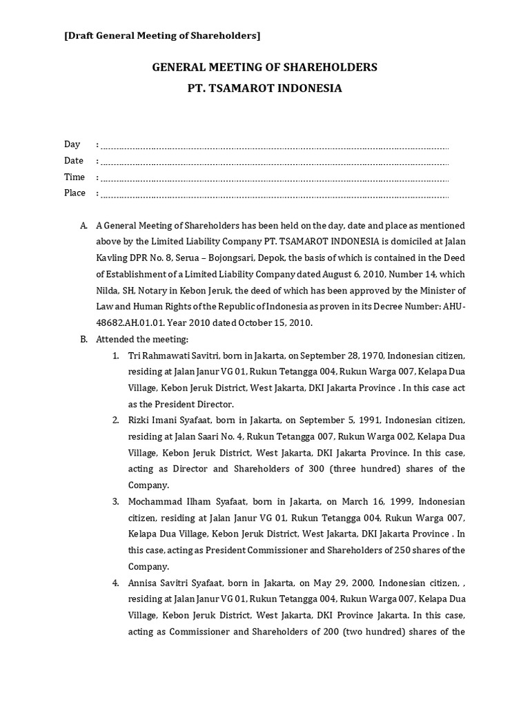 (English) Rapat Umum Pemegang Saham Rups Draft | PDF | Jakarta | Payments