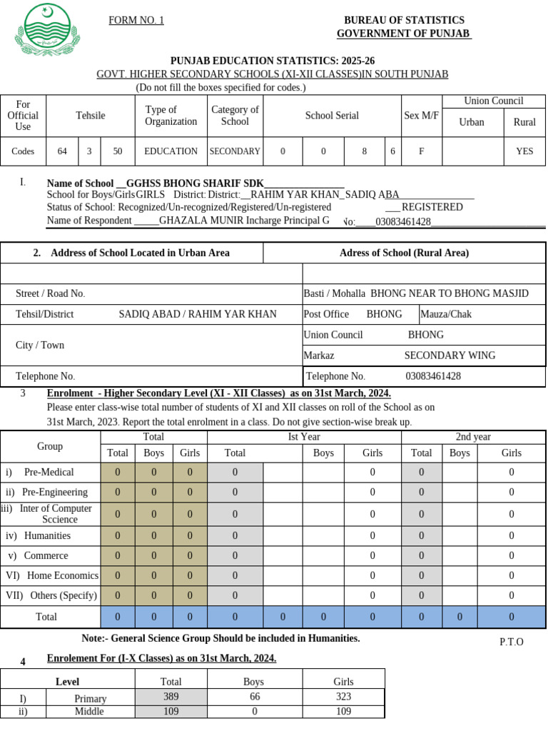 Performa Education 2025-26 For PVT School | PDF