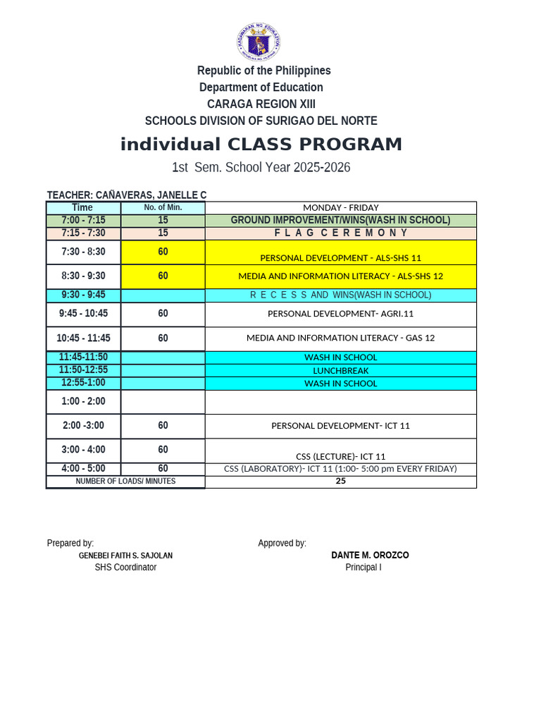 Shs Individual Class Program 1st Sem | PDF | Philippines