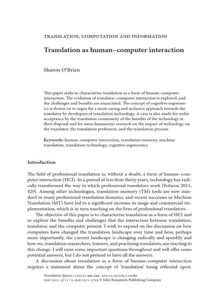 2012 - O'Brien - Translation As Human-Computer Interaction | PDF | Human–Computer Interaction ...