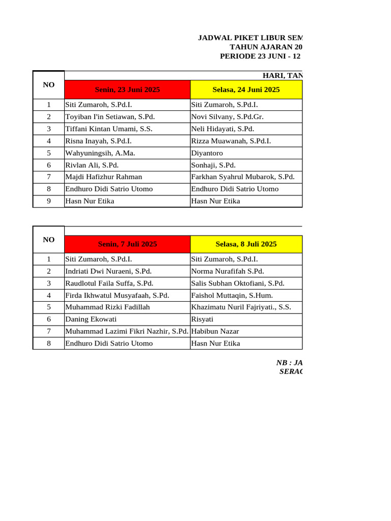 Jadwal Piket Libur Semester Genap 2425 | PDF