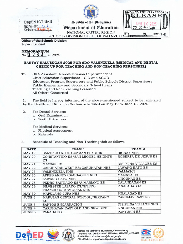 DM 0284 S. 2025 Bantay Kalusugan 2025 For Sdo Valenzuela Medical Anddental Chec Up For Teachng ...