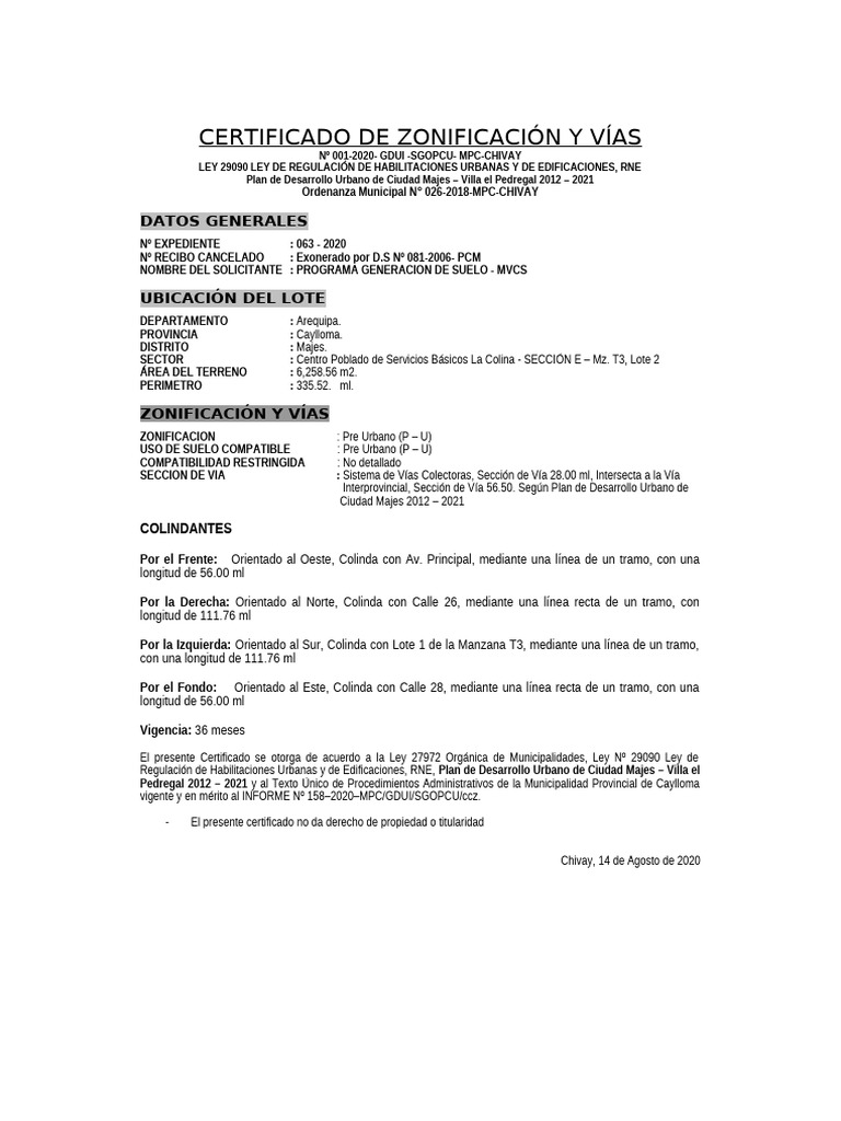 Certificado - 001 - Zonificacion - Programa Generacion de Suelo - MVCS | PDF | Zonificación