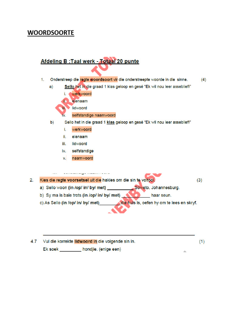 Woordsoorte How Its Tested For Primary | PDF