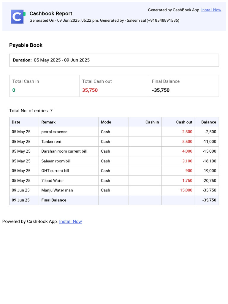 Cashbook Report: May-Jun 2025 Summary | PDF