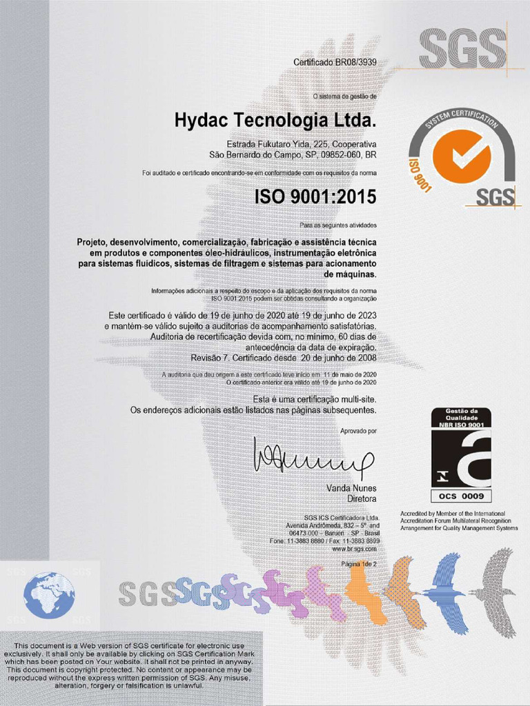 Hydac - Certificado Iso9001-2015 - Inmetro | PDF