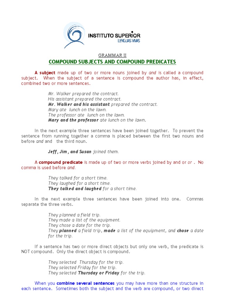 Compound Subjects and Predicates Explained | PDF | Predicate (Grammar ...