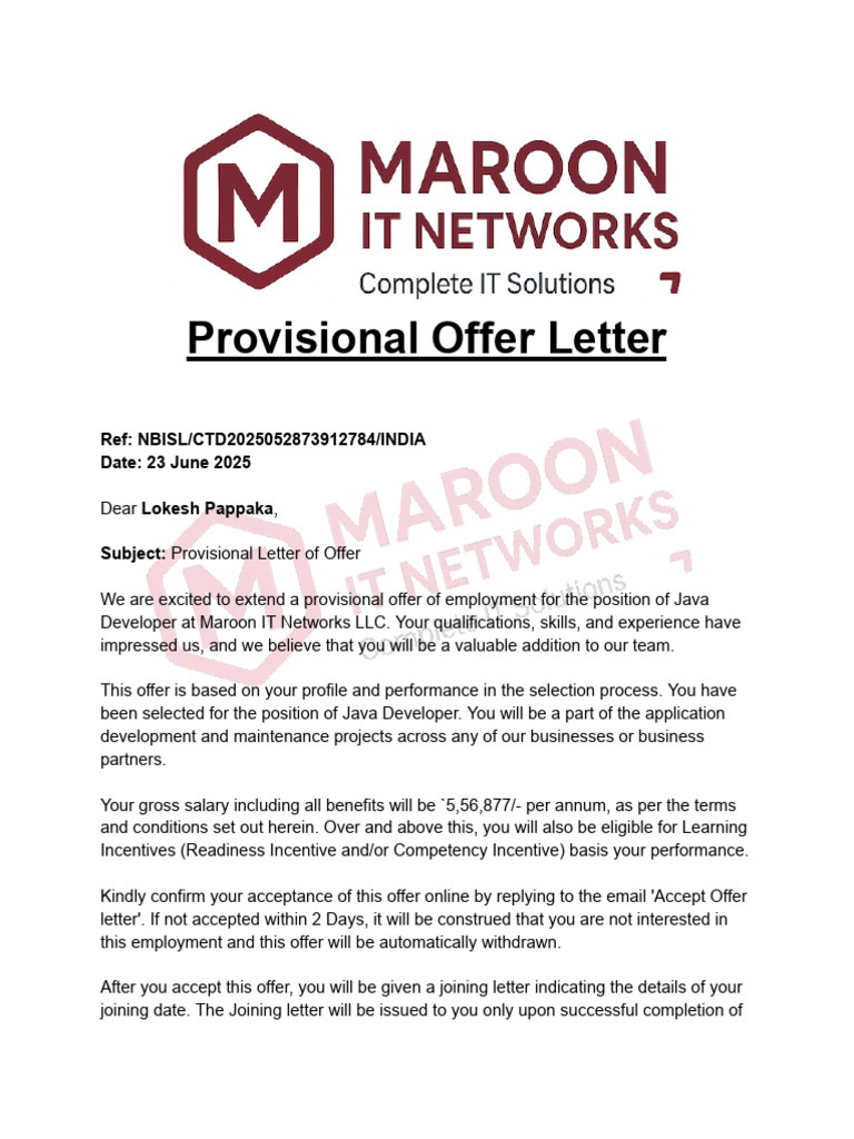 Provisional Offer for Java Developer | PDF | Taxes | Employment