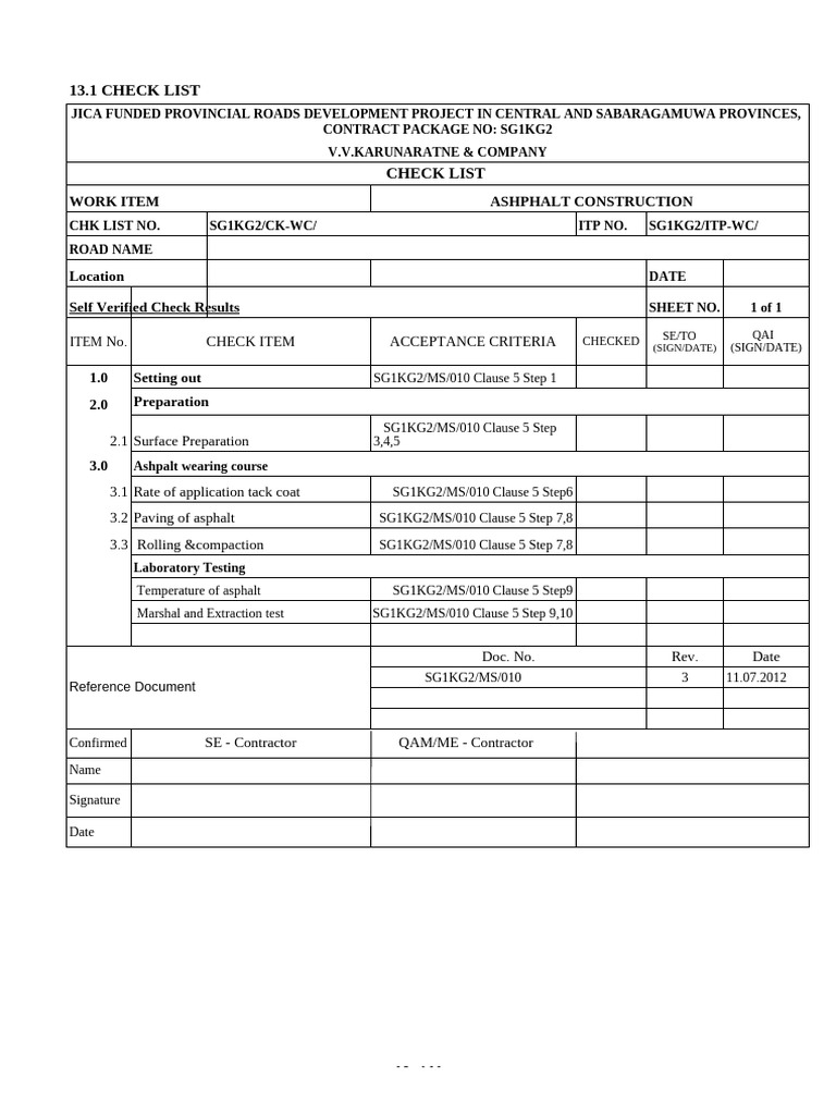 6 Check List & Test Plan For Asphalt Laying Rev3 | PDF | Floors ...
