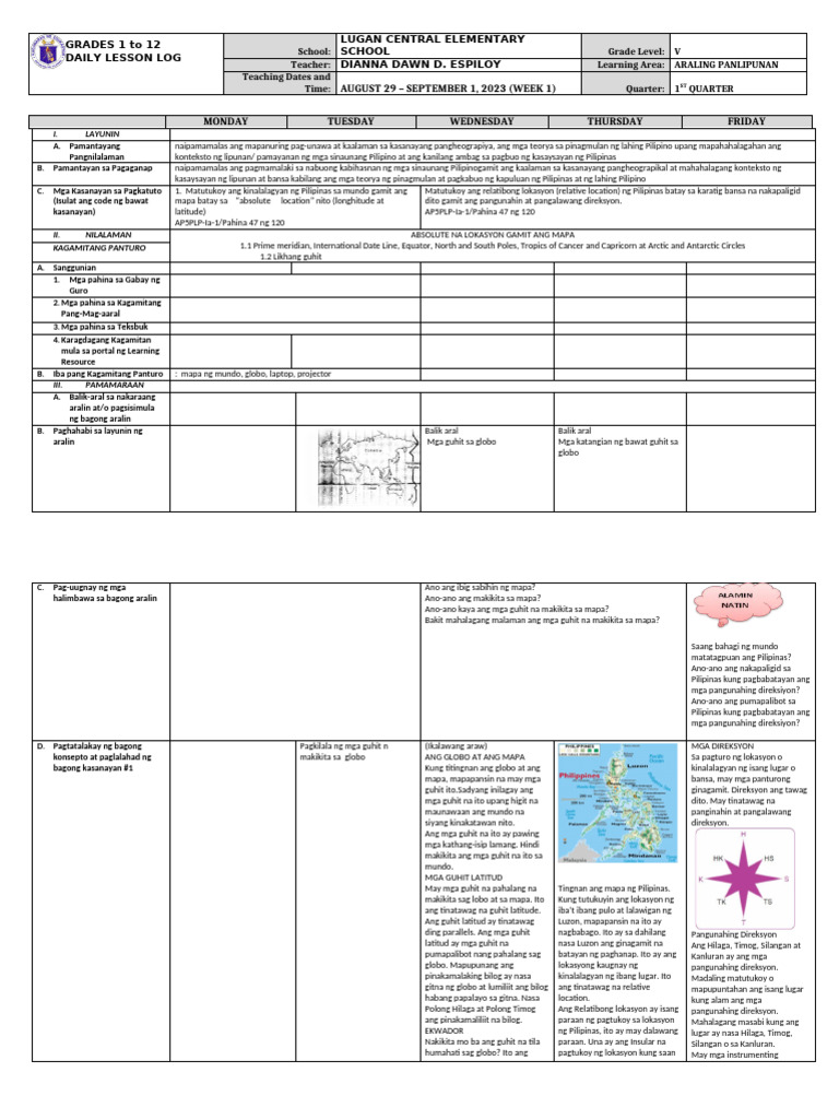 DLL - Araling Panlipunan 5 - Q1 - W1 | PDF