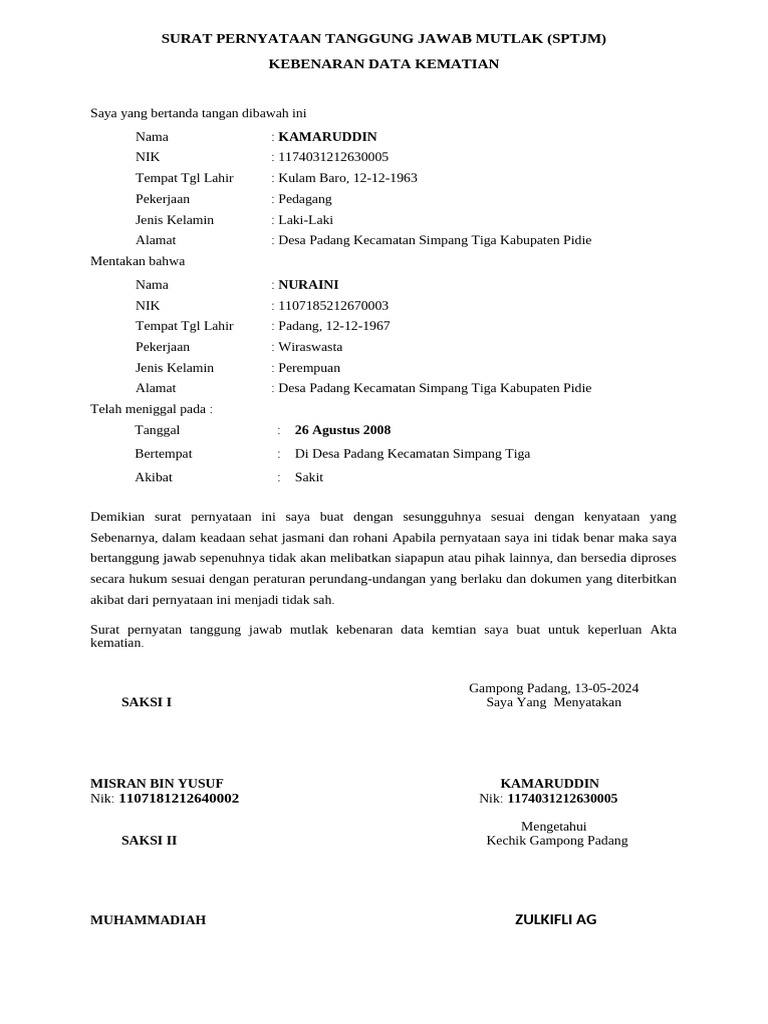 Surat Pernyataan Tanggung Jawab Mutlak (SPTJM) Kematian Desa Padang Simpang Tiga | PDF