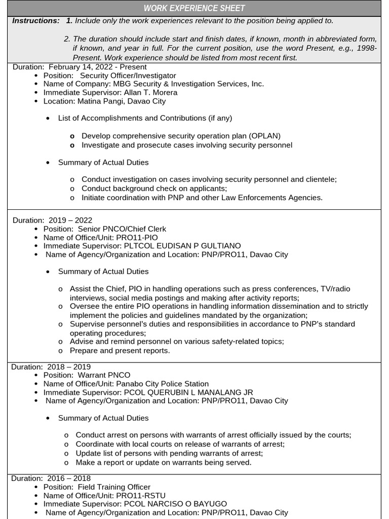 CS Form No. 212 Attachment - Work Experience Sheet | PDF | Crimes ...