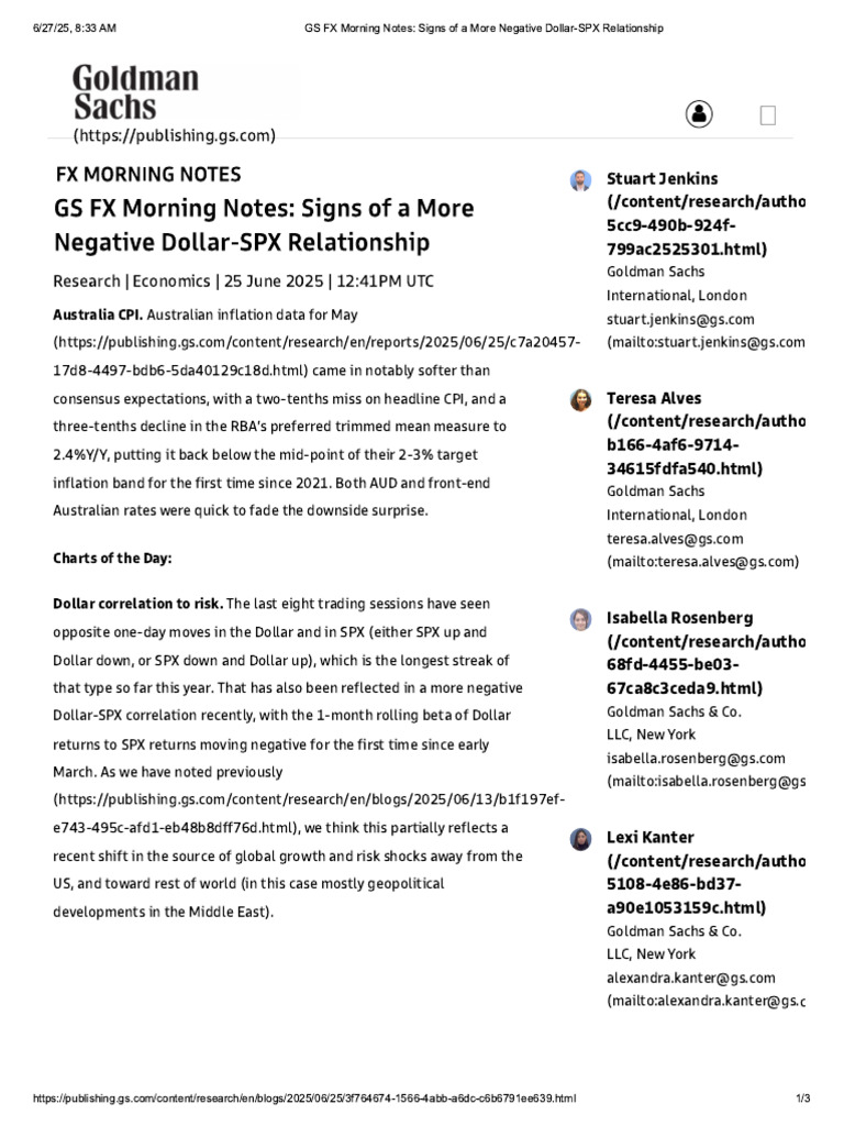 GS FX Morning Notes - Signs of A More Negative Dollar-SPX Relationship ...