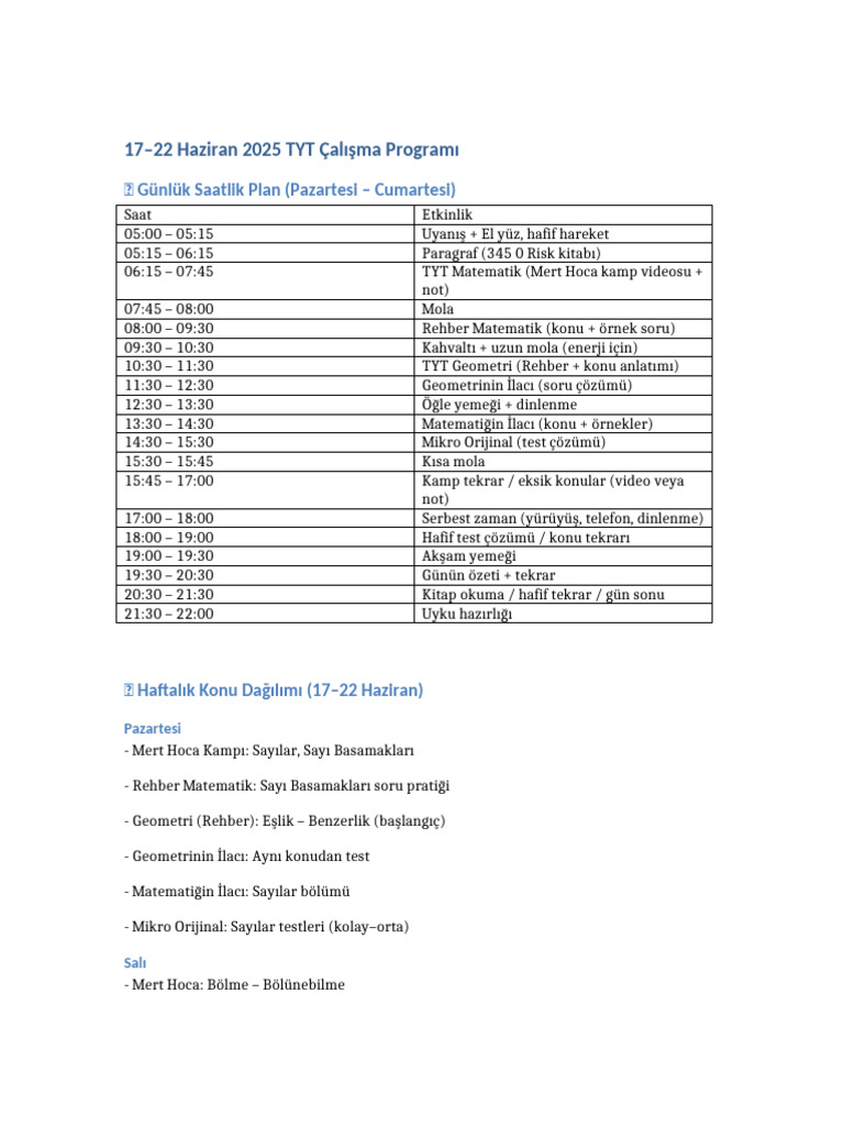 TYT Haftalik Plan 17 22 Haziran | PDF