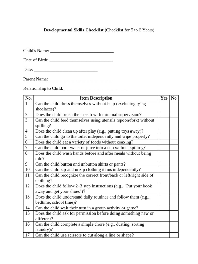 Developmental Skills Checklist 5-6 NEW | PDF