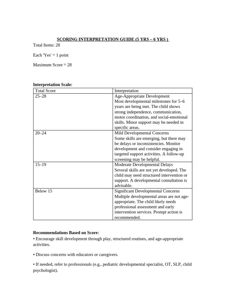 Developmental Skills Checklist 5-6 With Scoring | PDF