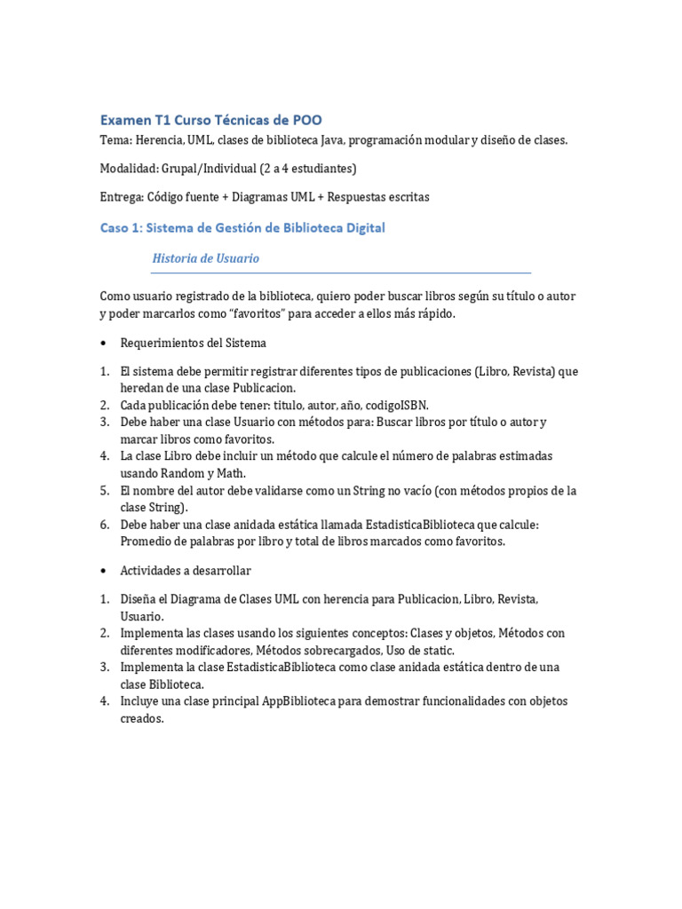 Examen T1 POO | PDF | Lenguaje de modelado unificado | Herencia ...
