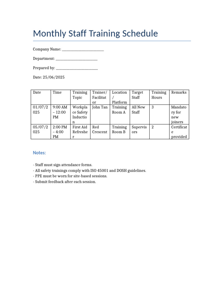 2025 Monthly Safety Training Schedule | PDF