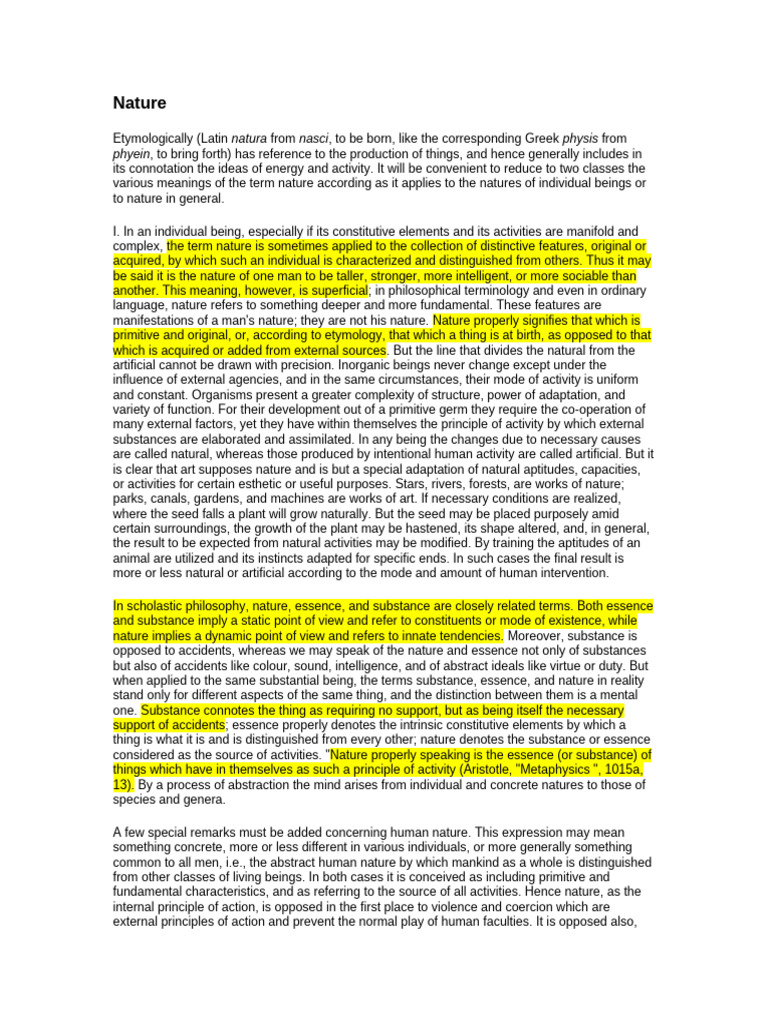 Nature Catholic Encyclopedia | PDF | Substance Theory | Human Nature