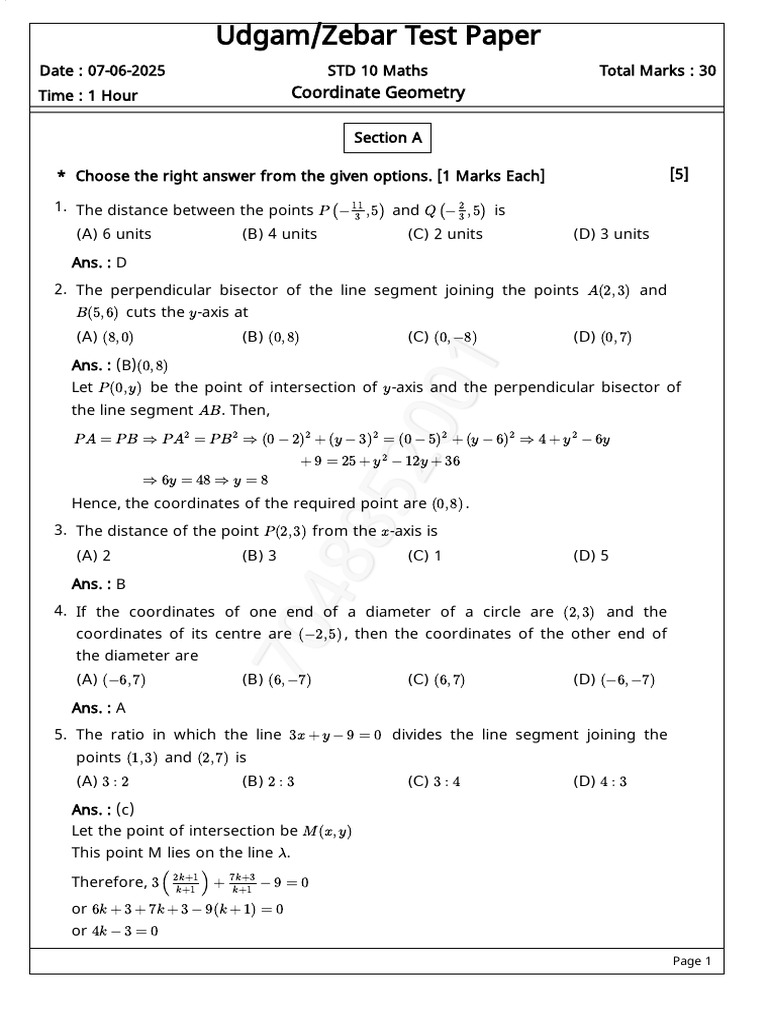 Coordinate Geometry Test Paper - Solution | PDF | Cartesian Coordinate ...