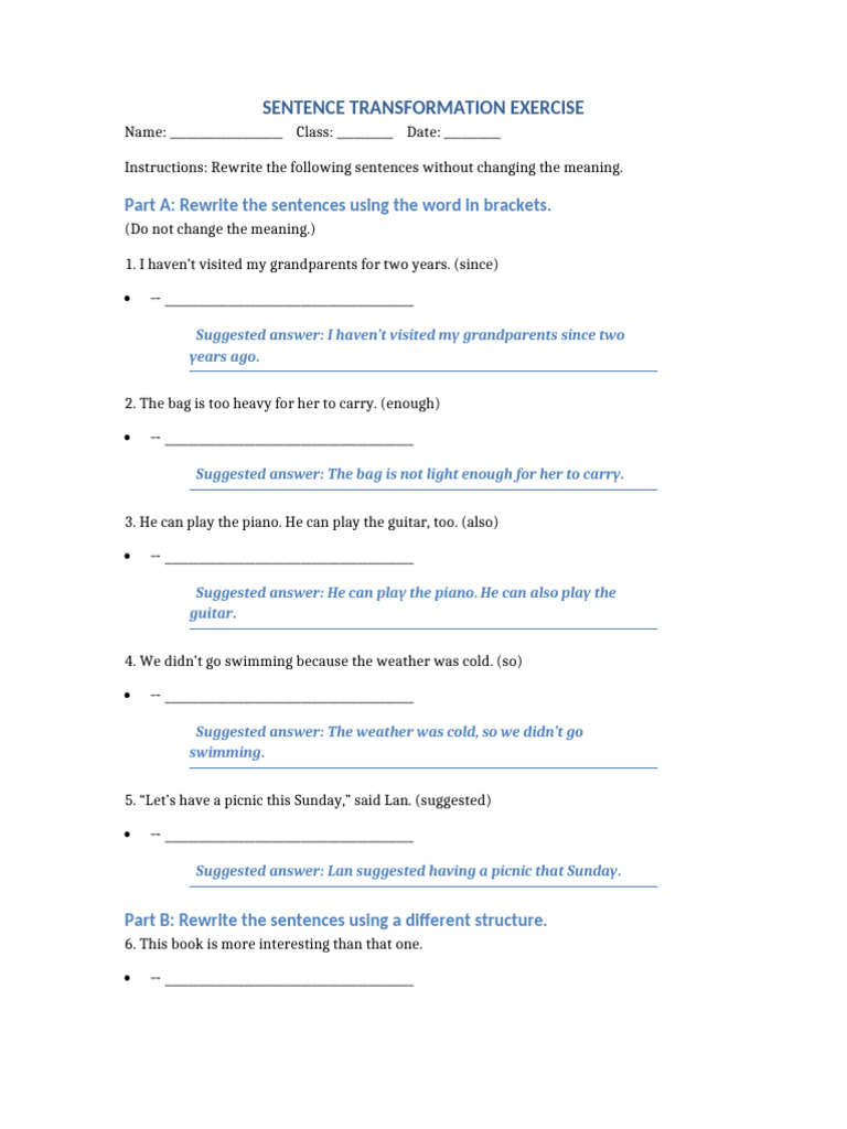 Sentence Transformation Exercises PDF | PDF
