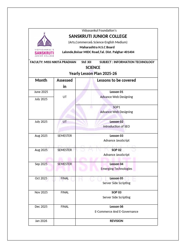 12th Lesson Plan 2025-26 Science | PDF