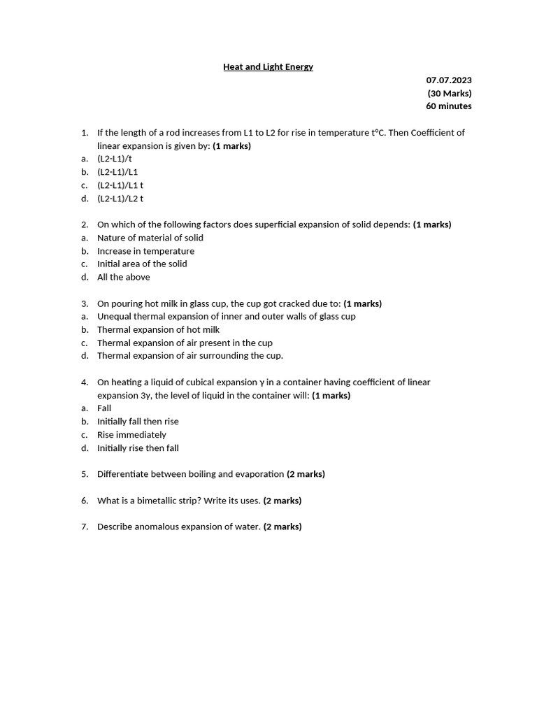 Icse Class 8 Physics Light and Heat | PDF | Thermal Expansion | Heat
