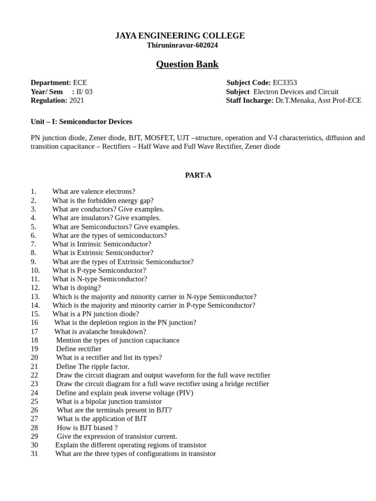 Question Bank EC3353 Without Answer | PDF | Bipolar Junction Transistor | Amplifier
