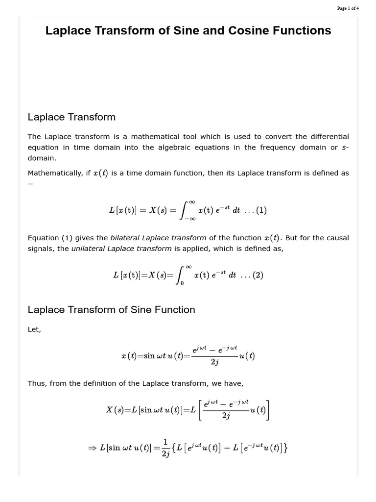 Laplace Transform of Sine and Cosine Functions | PDF | Mathematical Concepts | Differential Calculus