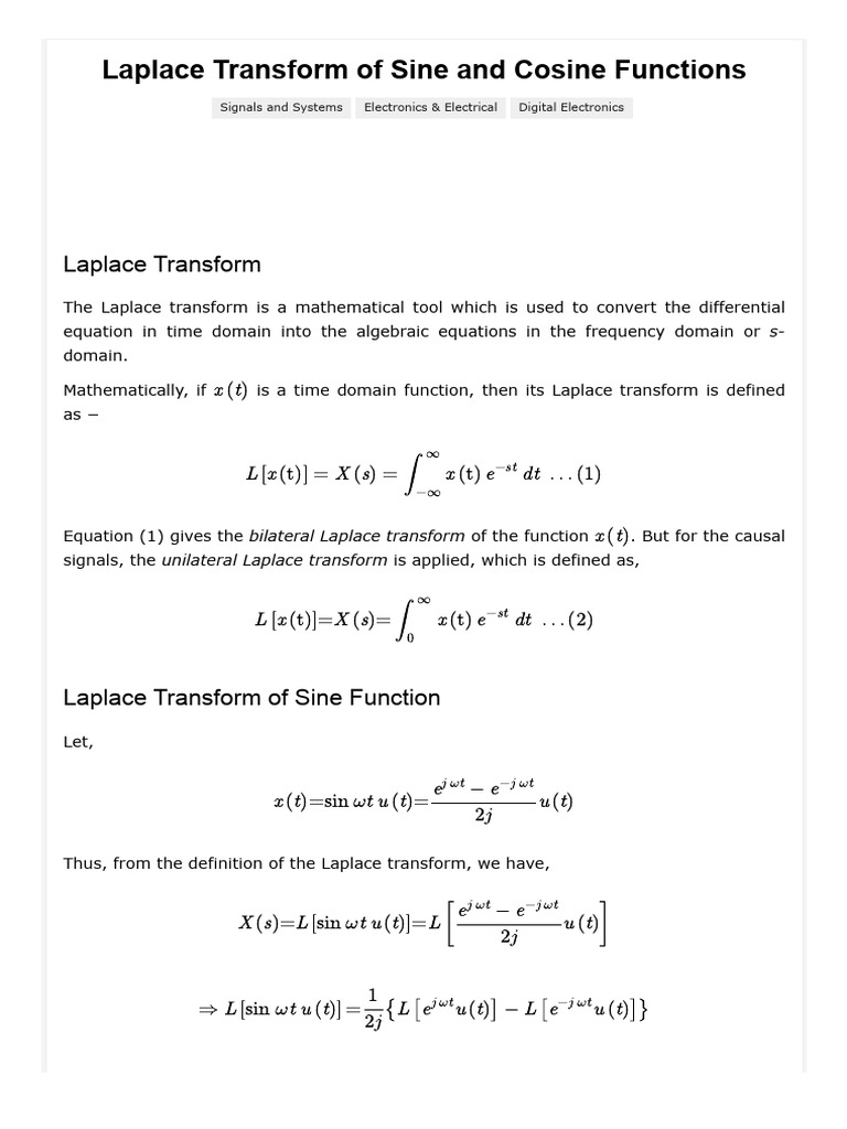 Laplace Transform of Sine & Cosine Functions | PDF | Differential ...