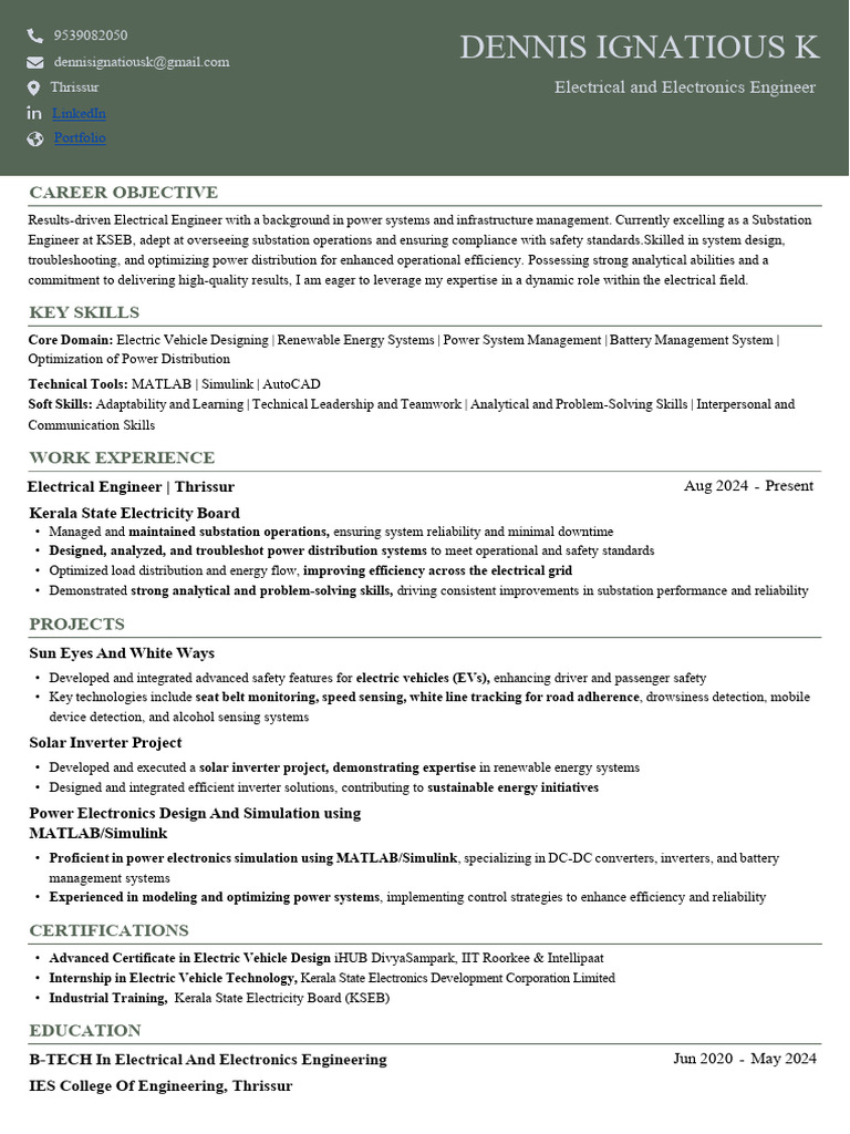 Electrical Engineer Resume: Dennis Ignatious K | PDF | Electric Vehicle ...