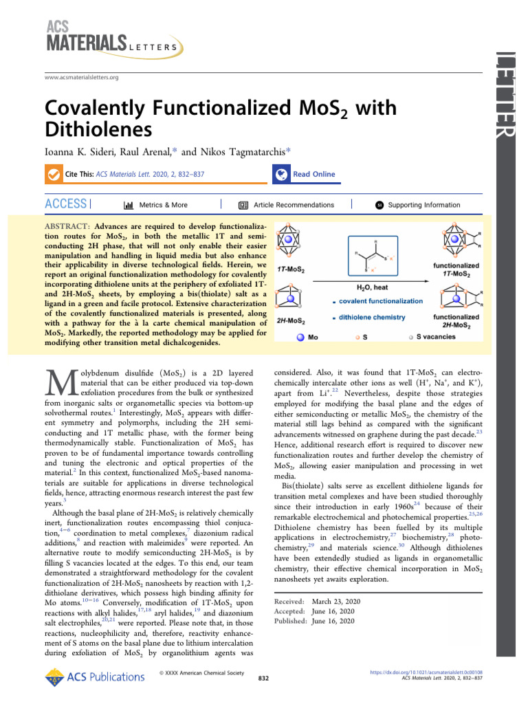 2. Covalently Functionalized MoS2 With Dithiolenes | PDF | Raman ...