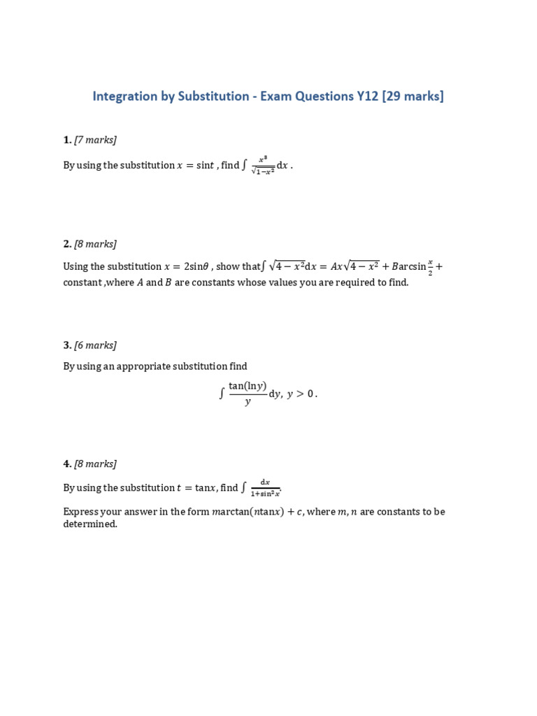 Integration by Substitution - Exam Questions Y12 | PDF