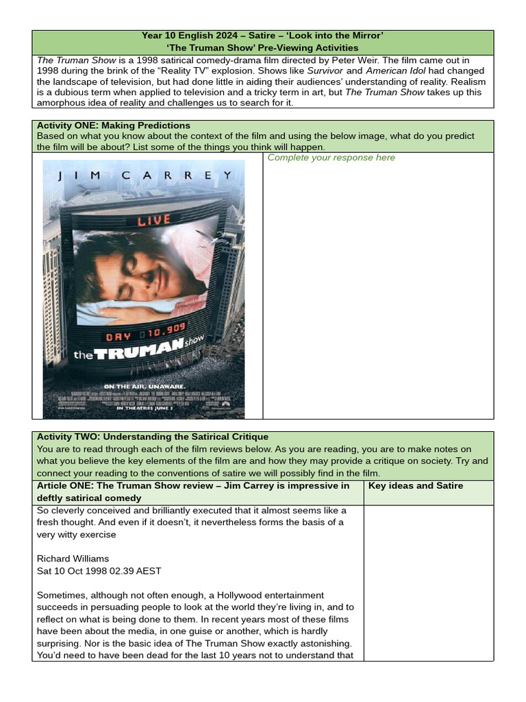 Satirical Insights in The Truman Show | PDF