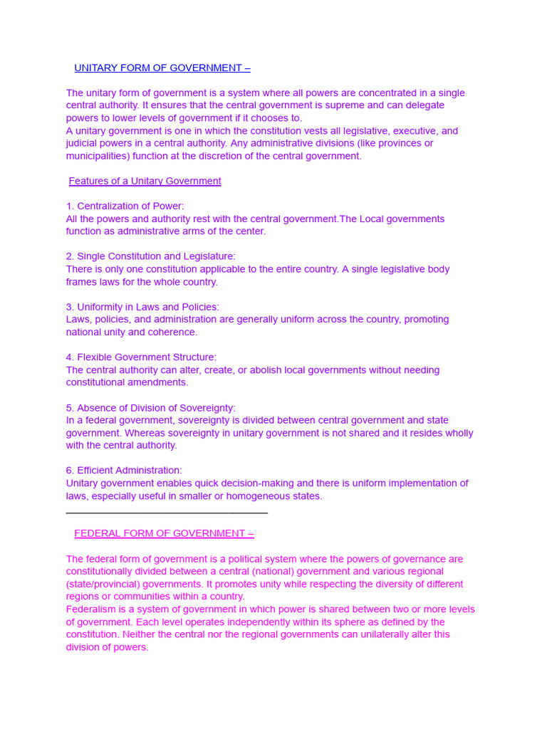 Unitary Government: Structure and Features | PDF | Federalism ...