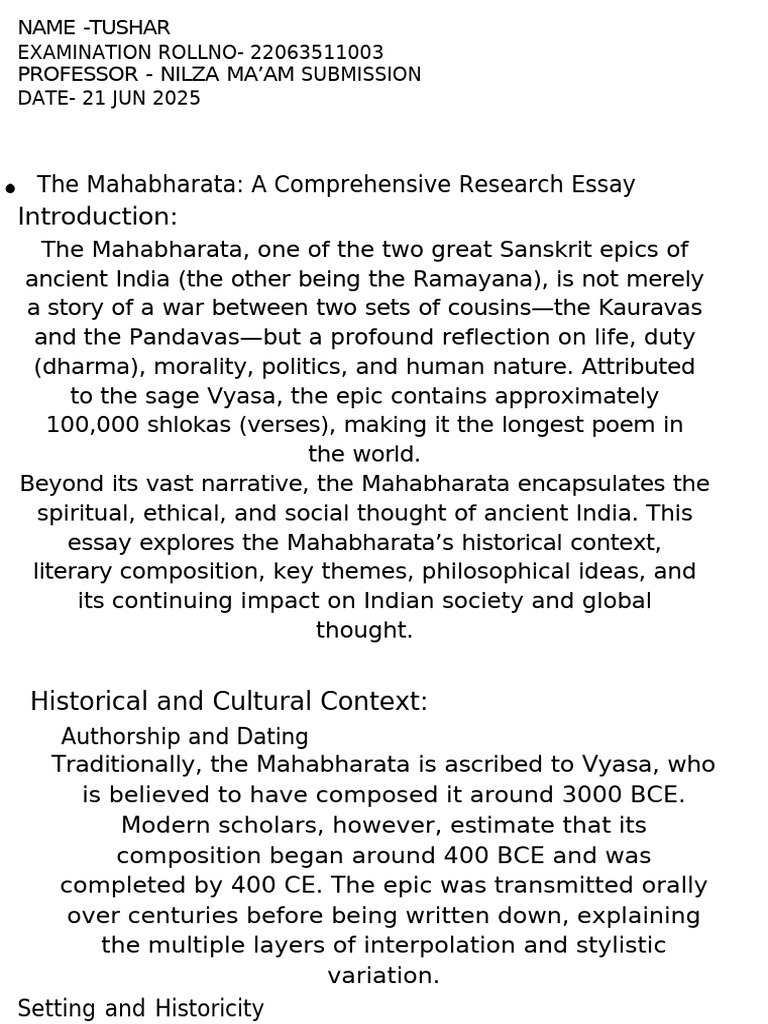 Mahabharata Research Essay Overview | PDF | Mahabharata | Vaishnava Texts