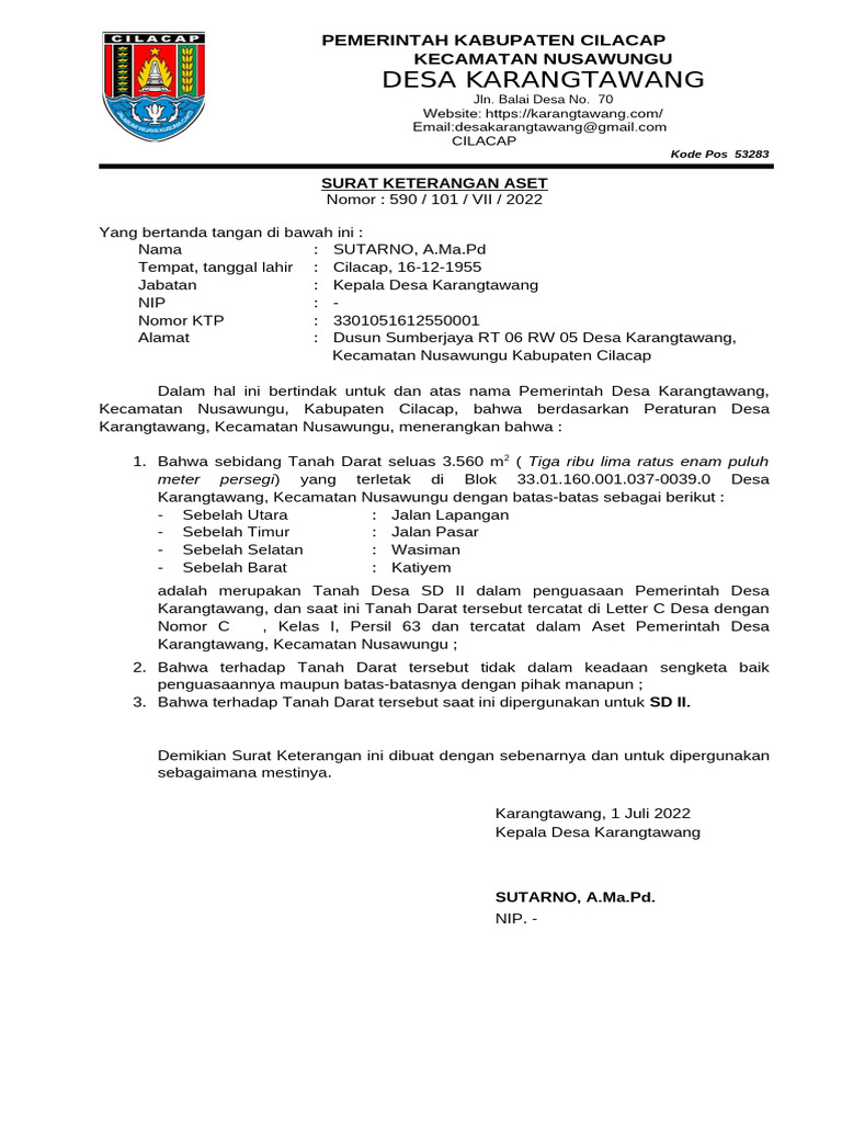 Surat Keterangan Aset Desa Karangtawang | PDF