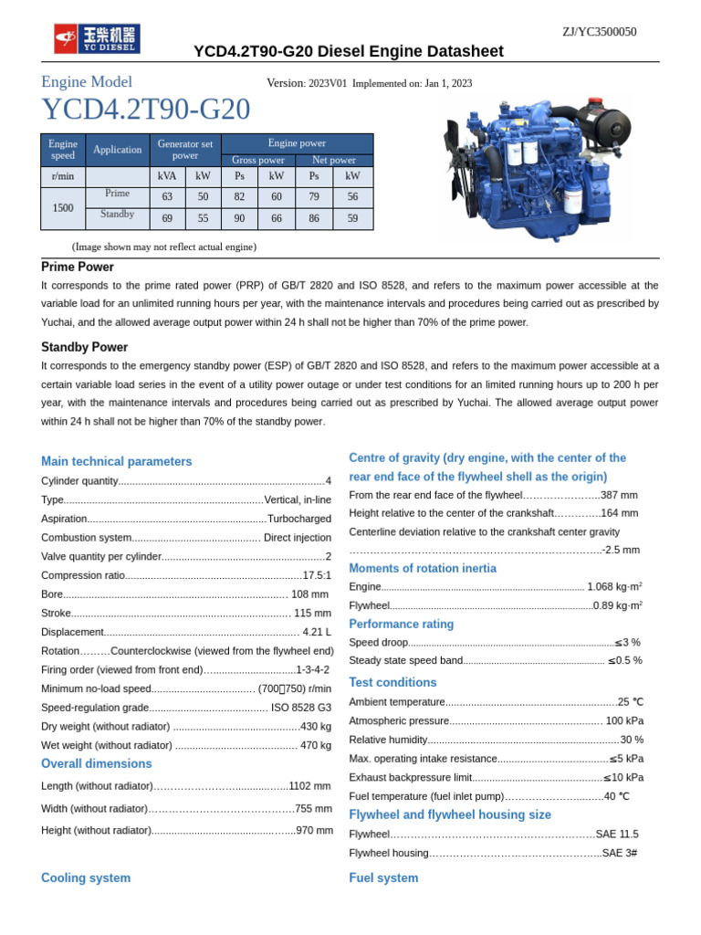 50 65kVA YCD4.2T90 G20 Engine Datasheet 2023V01 | PDF | Diesel Engine ...