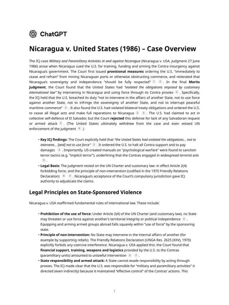 Nicaragua v. USA: ICJ Judgment Analysis | PDF | Contras | International Law