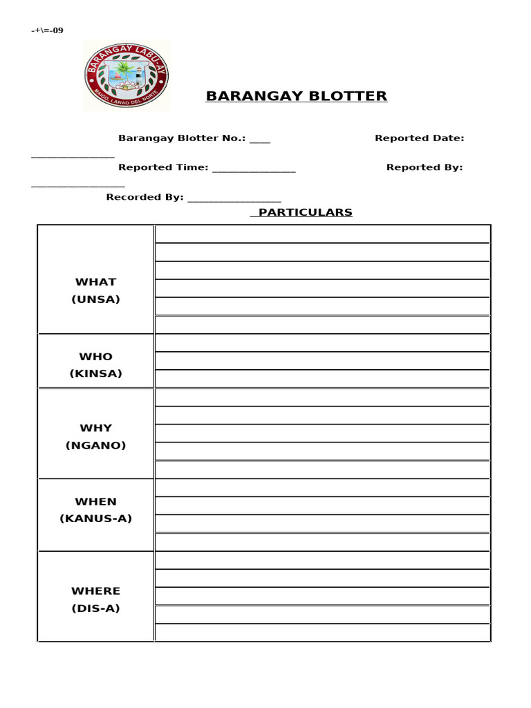 Brgy Blotter Blank Form Labuay | PDF