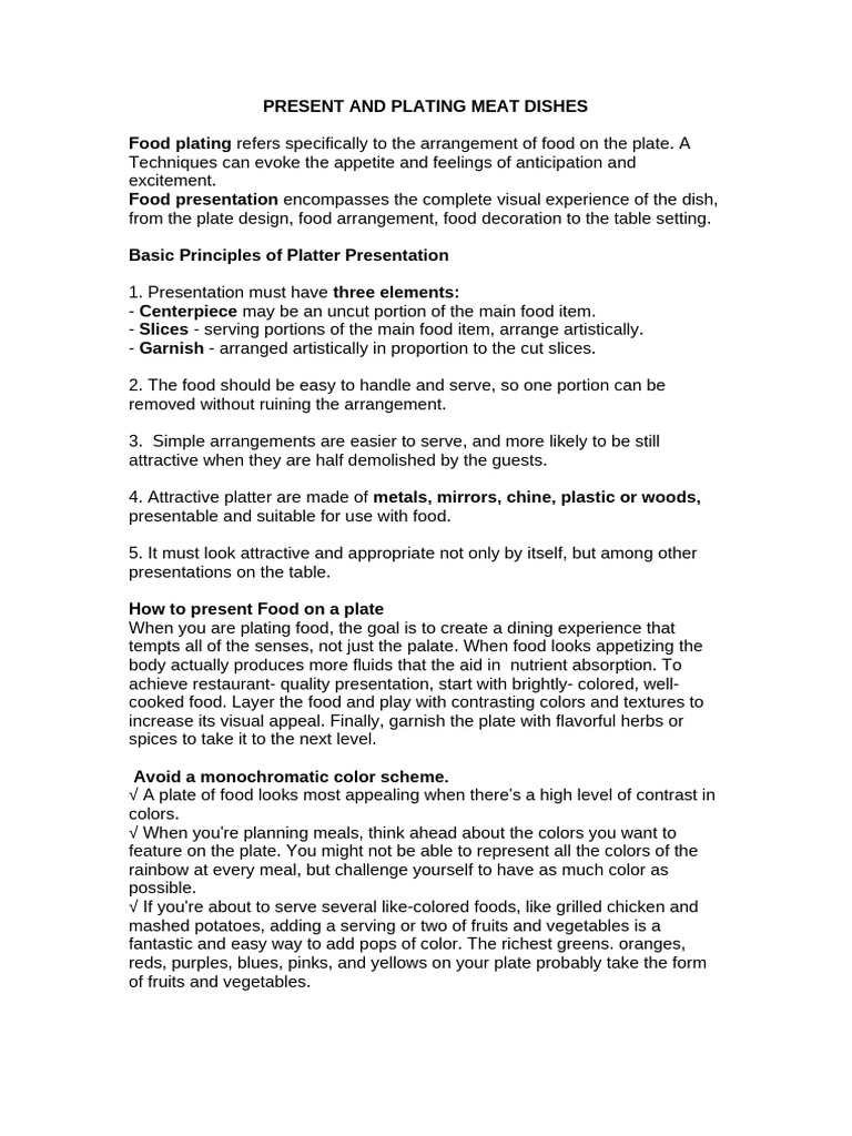Present and Plating Meat Dishes | PDF | Tableware | Foods