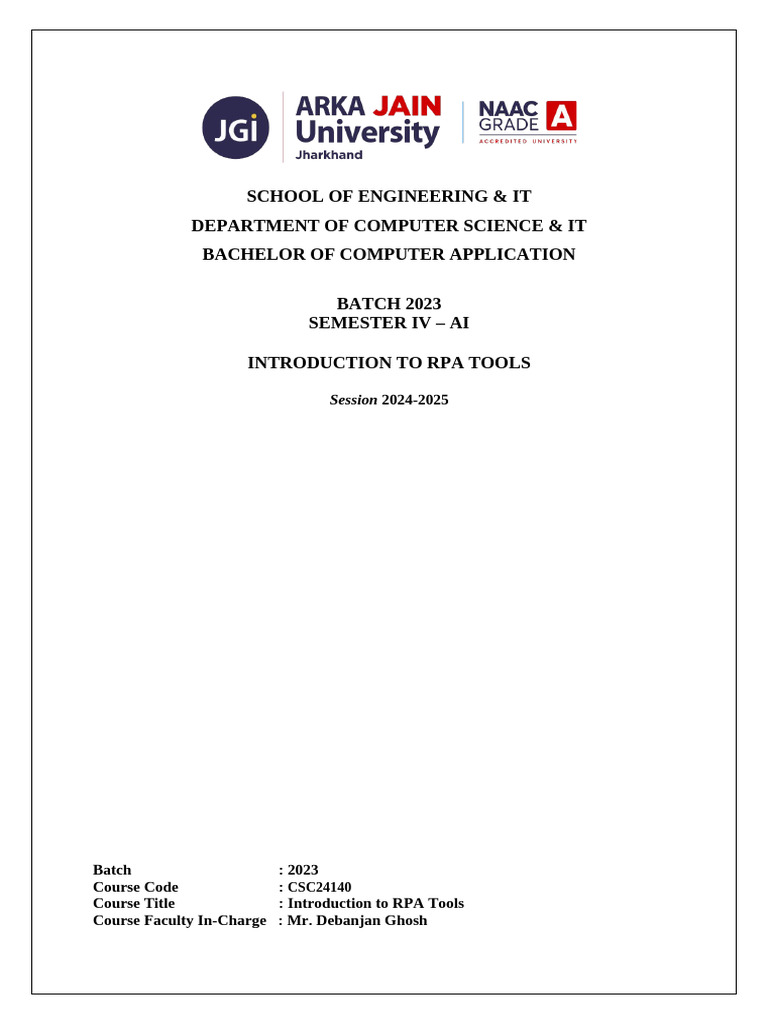 Bca Lesson Plan Ai IV Rpa Theory 2024-25 | PDF | Artificial ...